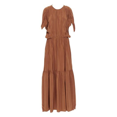 Rochas 100 Silk Brown Shirred Short Sleeve Maxi Dress It38 S At 1stdibs