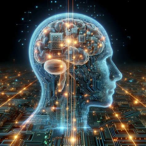 Human Head With Glowing Brain Neurons From Processor Constructed From