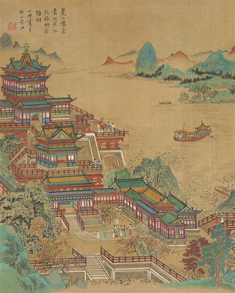 袁江——《江帆楼阁》【麗山楼台尽相望，红桃绿柳垂檐向。丁卯夏月】人物山水楼阁 立轴欣赏 清袁江1662 1735字文涛，号岫泉。江都今江苏扬州人。是中国绘画史上有影响清代画家