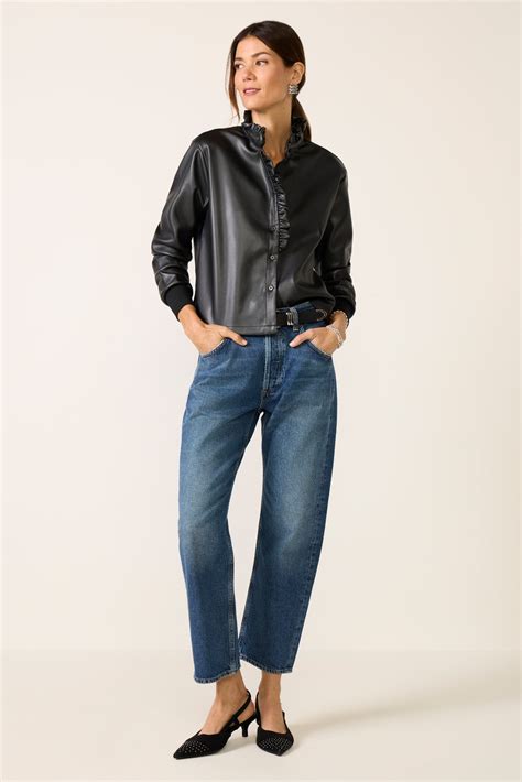 Faux Leather Ruffle Neck Shirt