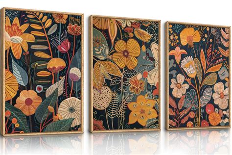 Fwiexa Orange Floral Framed Canvas Wall Art Set Botanical