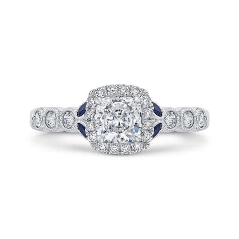 14k White Gold Cushion Cut Diamond Halo Engagement Ring With Sapphire