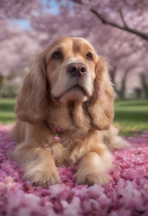 Pretty English Cocker Spaniel Resting Under A Cherry Blossom Tree In