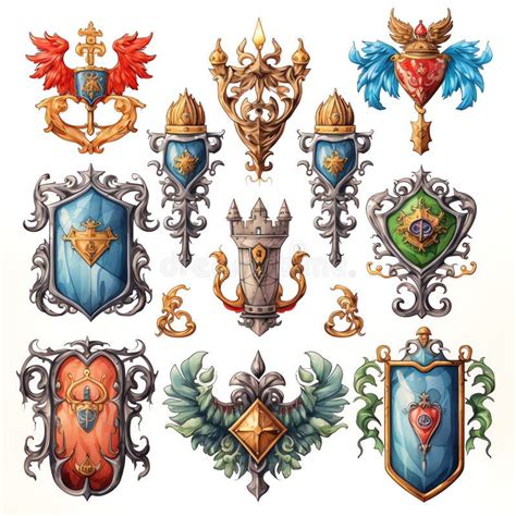 Heraldic Symbols Medieval Watercolor Fantasy Stock Illustration