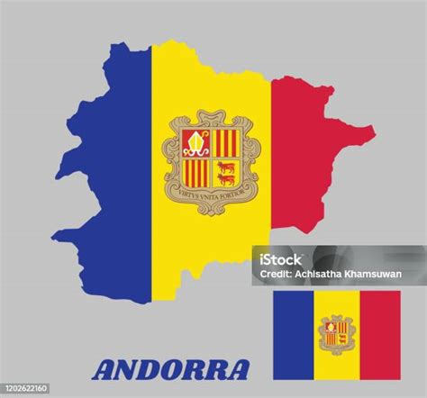 Map Outline And Flag Of Andorra And The Country Name A Vertical Tricolor Of Blue Yellow And Red