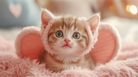 Adorable Kitten In Soft Ear Muffs Posing On Pink Fluffy Blanket Stock Image Image Of Eyes