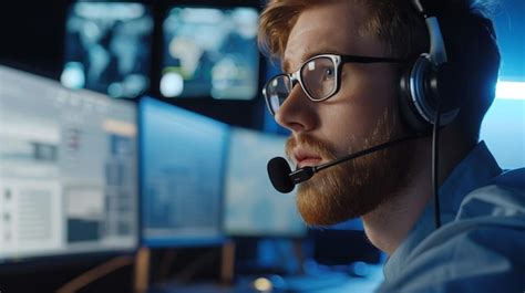 Professional Tech Support Agent With Headset And Multiple Screens