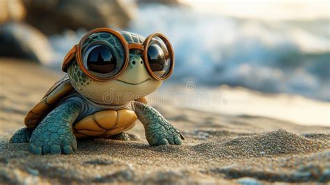 Cute Turtle Wearing Sunglasses On Sandy Beach Stock Illustration
