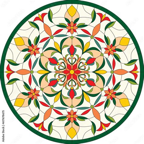 Vector Color Template Of Round Stained Glass Window Floral Ornament
