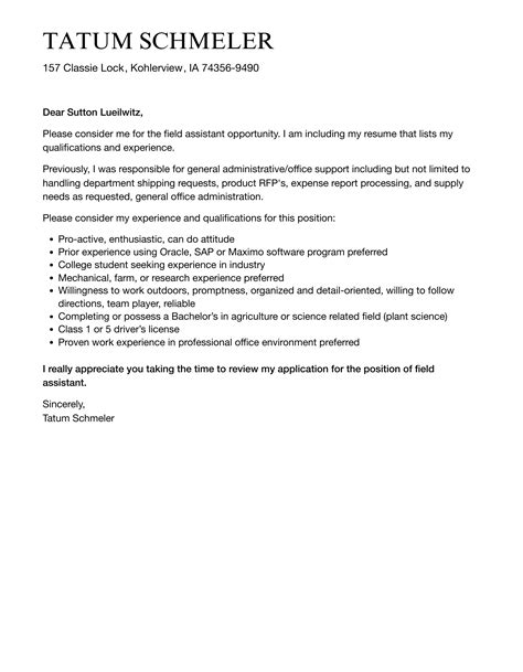 Field Assistant Cover Letter Velvet Jobs
