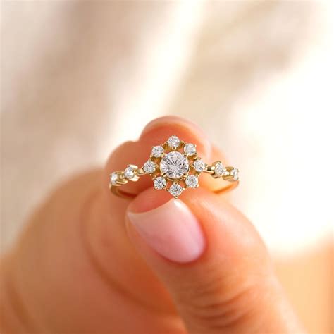 Diamond Engagement Ring Scatter Halo Diamond And 14k Solid Gold Band