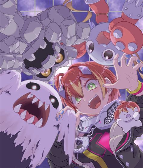 Safebooru 1girl Bakemon Black Jacket Black Shirt Blue Nails Breasts Brown Hair Commentary