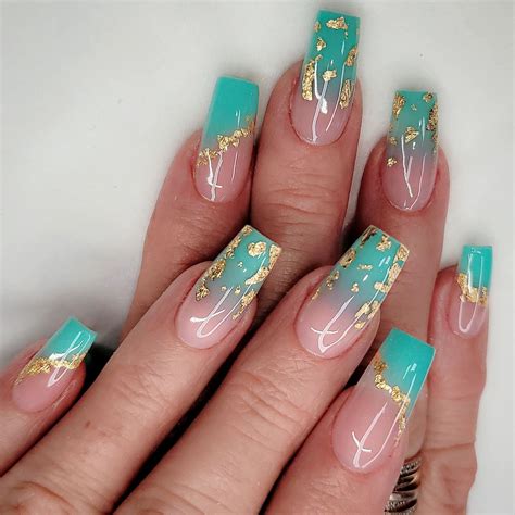 Teal Ombré Nails With Gold Foils 55 Latest Ombre Nail Ideas To Try In