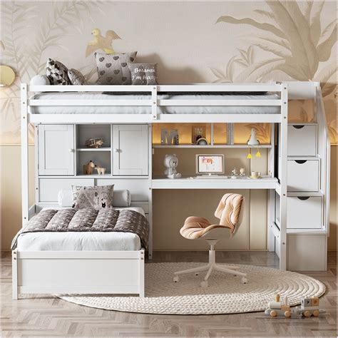 Harriet Bee Twin Over Twin Loft Bed With Built In Desk And Staircase