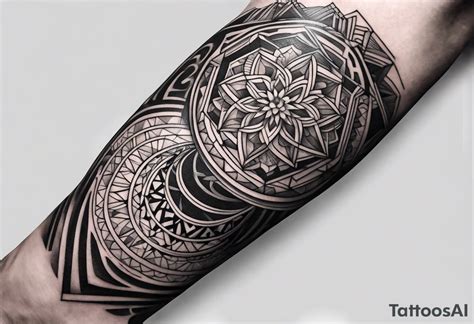Black And White Geometric Sleeve From Wrist To Elbow Tattoo Idea
