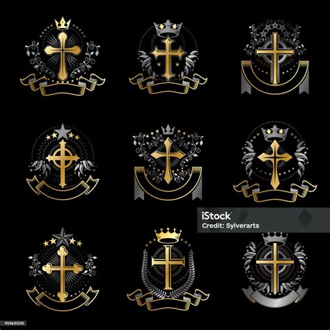Christian Crosses Emblems Set Heraldic Coat Of Arms Decorative Symbols
