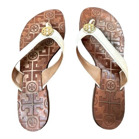 Tory Burch Shoes Tory Burch Womens Thora White Leather Gold Flip