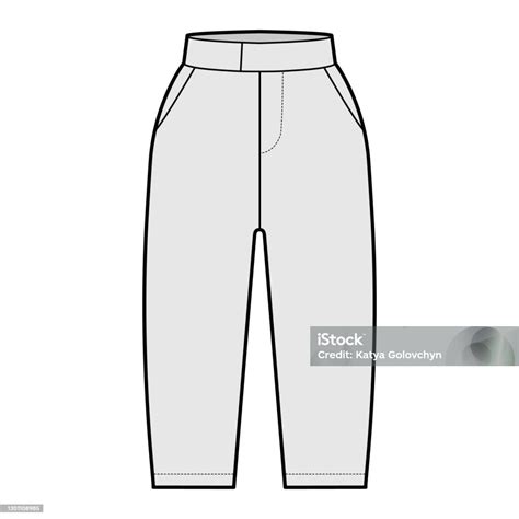 무릎 길이 정상 허리 슬래시 포켓 연장 된 허리 밴드가있는 짧은 카프리 팬츠 테크니컬 패션 일러스트 0명에 대한 스톡 벡터 아트