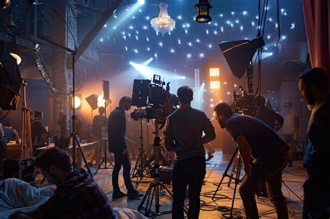 Behind The Scenes On A Film Set With Crew Members Working With Cameras