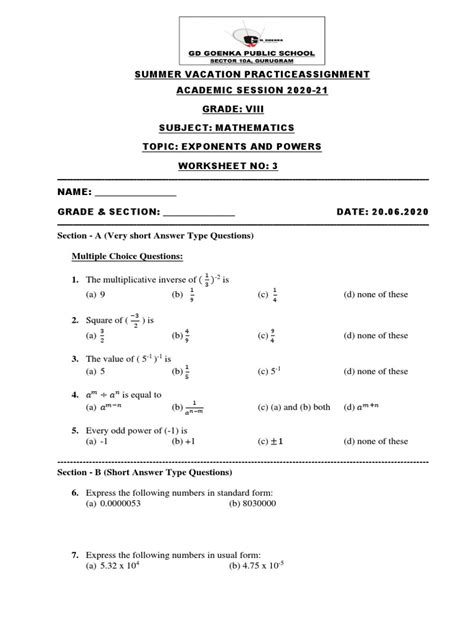 Class Viii Mathematics Worksheet 3 Pdf Exponentiation Arithmetic