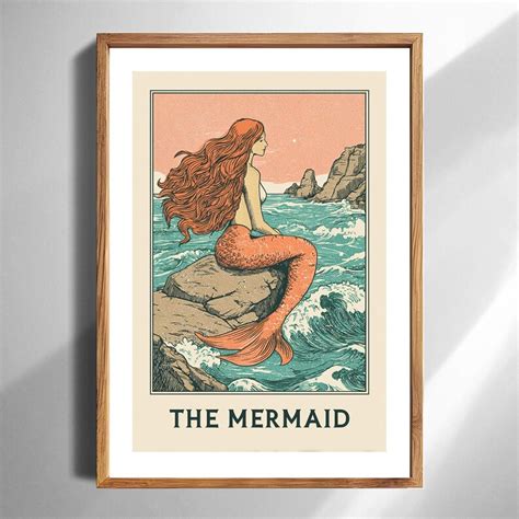 Vintage Mermaid Illustration Art Print Coastal Wall Decor Nautical