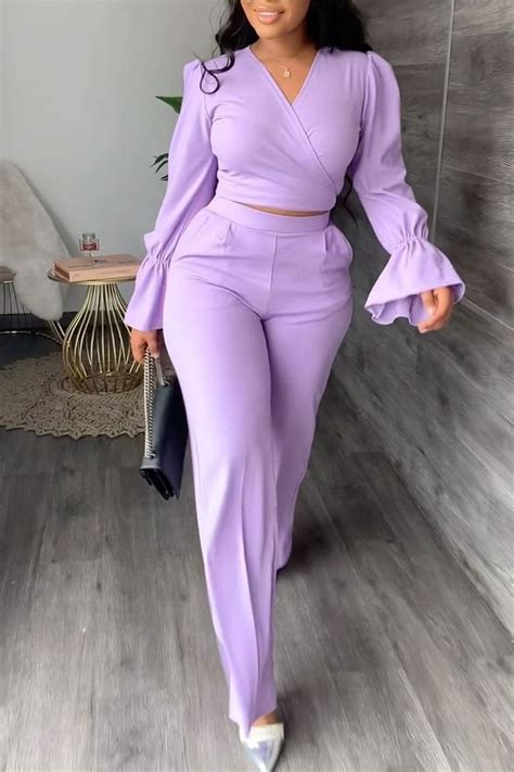 Purple Casual V Neck Long Sleeve Two Pieces Purple 2xl Spring