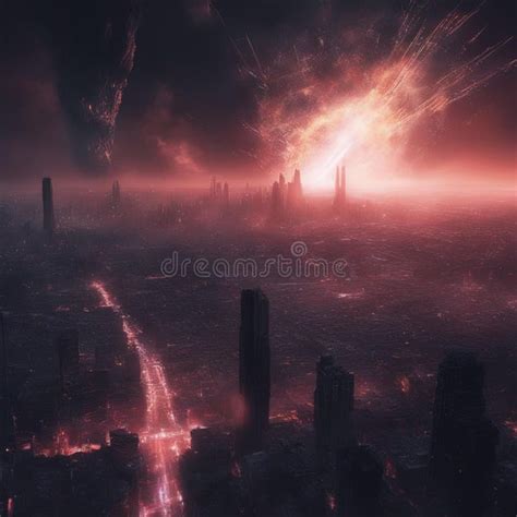Cityscape With A Large Explosion Exploding Over The Ground Stock