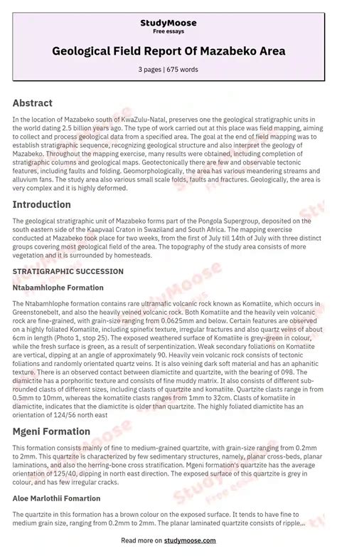 Geological Field Report Of Mazabeko Area Free Essay Example