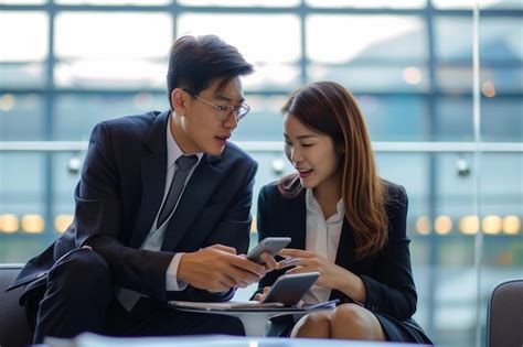 Premium Photo A Man And Woman Looking At A Cell Phone