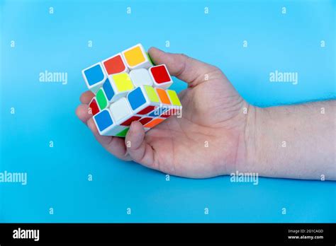 Moscow Russia 2nd June 2021 Rubiks Cube On Blue Background Stock