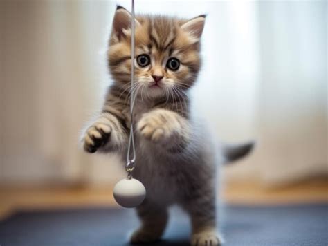 Premium Ai Image Mischievous Kitten Playfully Swatting At A Dangling Toy