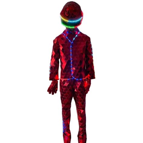 Hand Sewn Red Led Mirror Costume Man Show Stage Dress Performance Mask