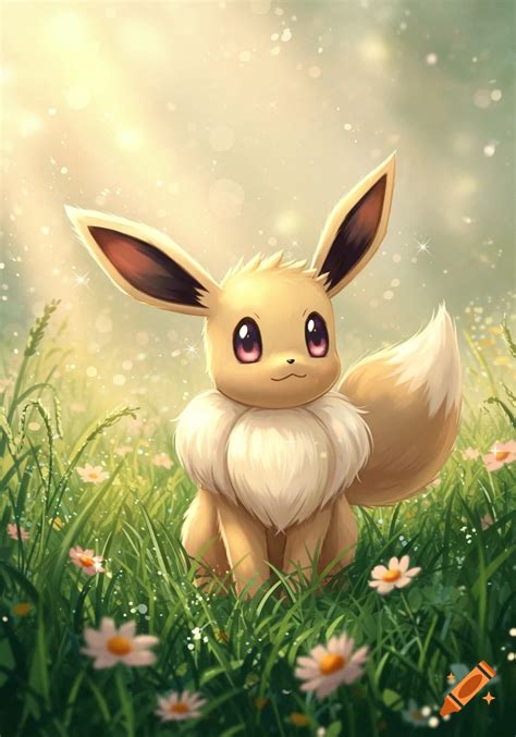 Cute Cartoon Eevee Sitting In A Vibrant Green Field With Colorful