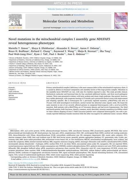 Pdf Novel Mutations In The Mitochondrial Complex I Assembly Gene