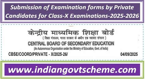 Cbse Submission Of Examination Forms By Private Candidates For Class X Examinations 2025 2026