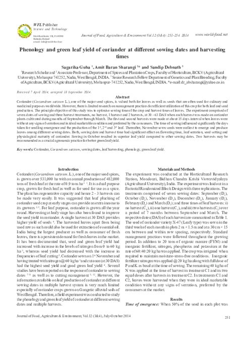 Pdf Phenology And Green Leaf Yield Of Coriander At Different Sowing