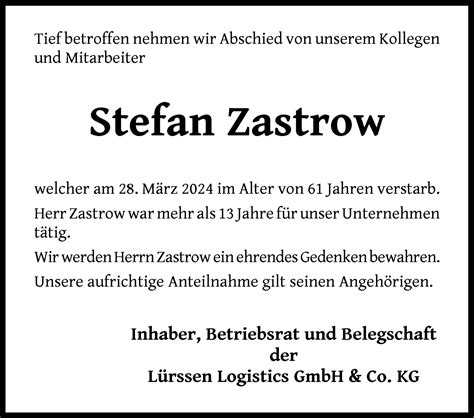 Traueranzeigen Von Stefan Zastrow Trauer And Gedenken