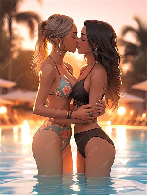 Premium Photo Two Beauty Hot Anime Lesbian Girls Kissing In Pool Mini