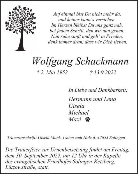 Traueranzeigen Von Wolfgang Schackmann Trauer In Nrw De