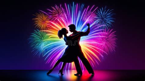 Man And Woman Are Dancing In Front Of A Colorful Firework Display Stock