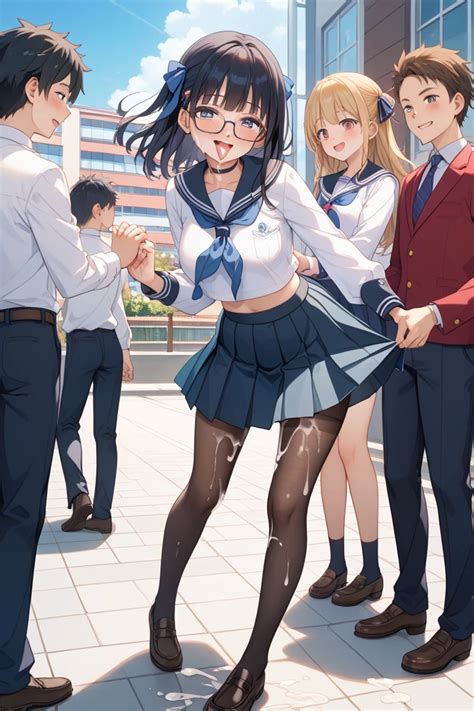 Womens College、black Hair Long、wearing Glasses、navy Blue And White