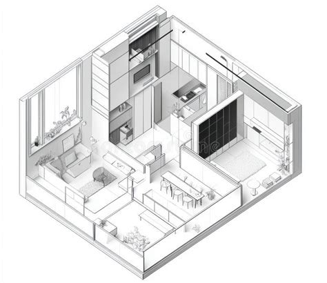 Modern Minimalist Apartment Isometric Grayscale Rendering Stock Illustration Illustration Of