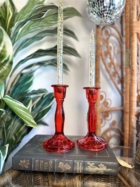 Vintage Fostoria Red Glass Candlestick Pair Candles Not Includednfs