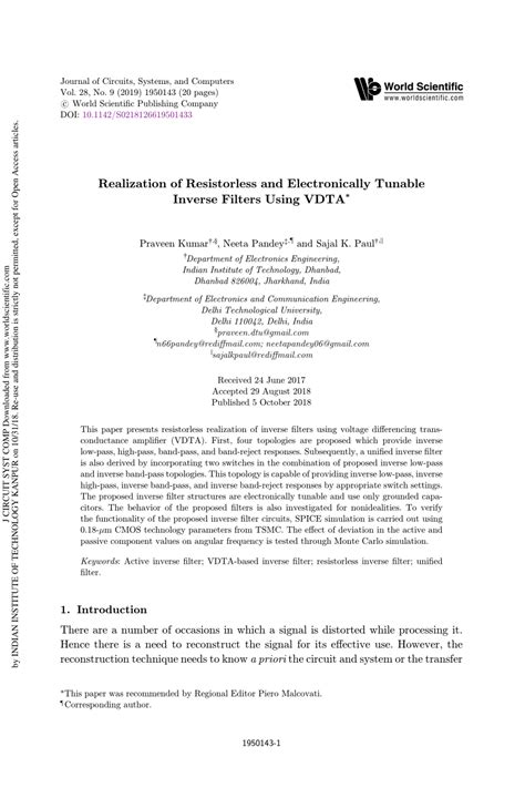Pdf Realization Of Resistorless And Electronically Tunable Inverse Filters Using Vdta