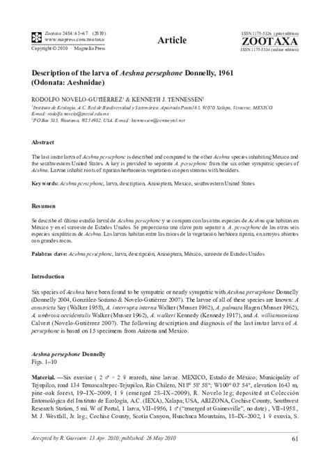 Description Of The Larva Of Aeshna Persephone Donnelly 1961 Odonata Aeshnidae