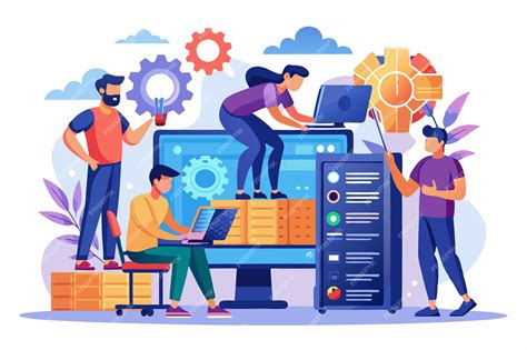 A Collaborative Group Resolves Computer Software Installation Problems In A Modern Workspace It