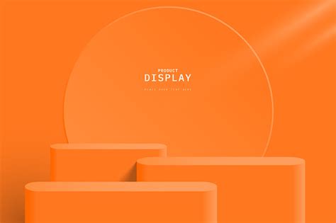 원 모양의 배경으로 사실적인 깨끗한 주황색 3d 원형 연단 제품 전시 또는 모형을 위한 최소한의 벽 장면 쇼케이스를 위한 무대