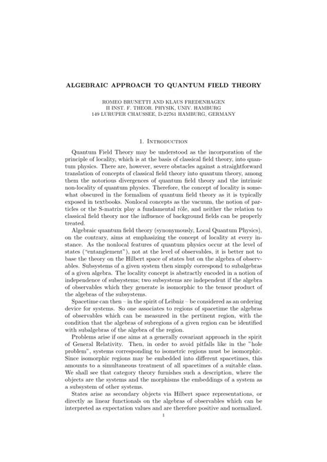 PDF Algebraic Approach To Quantum Field Theory