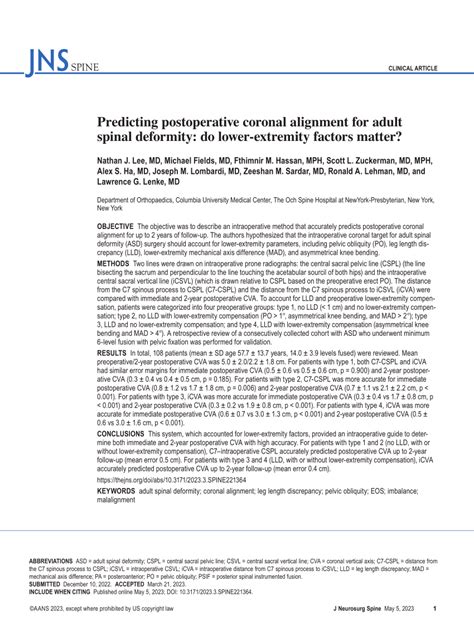 Pdf Predicting Postoperative Coronal Alignment For Adult Spinal