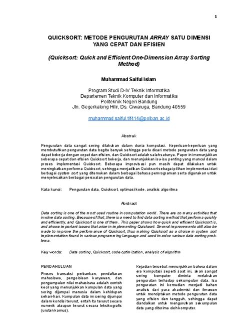 Pdf Quicksort Metode Pengurutan Array Satu Dimensi Yang Cepat Dan
